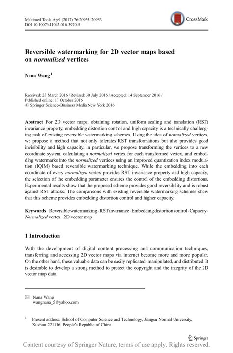 Reversible Watermarking For D Vector Maps Based On Normalized Vertices
