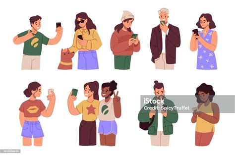 전화를 들고 있는 사람들 행복한 남성과 여성 사람과 이야기하고 온라인 채팅 스마트 폰에서의 반응과 감정 어린 소년 소녀 기술 또는 인터넷 통신 벡터 세트 등장인물에 대한