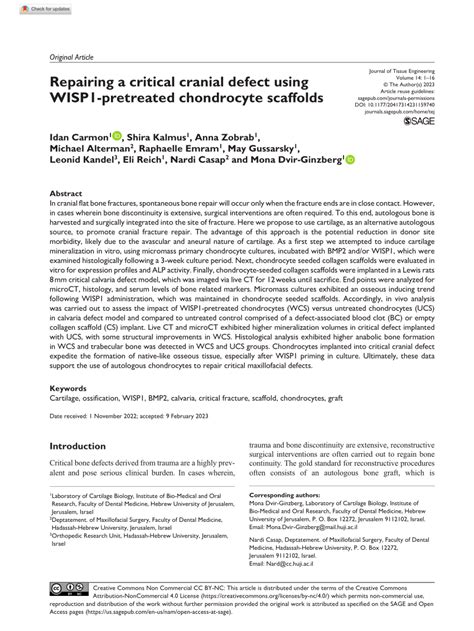 Pdf Repairing A Critical Cranial Defect Using Wisp1 Pretreated
