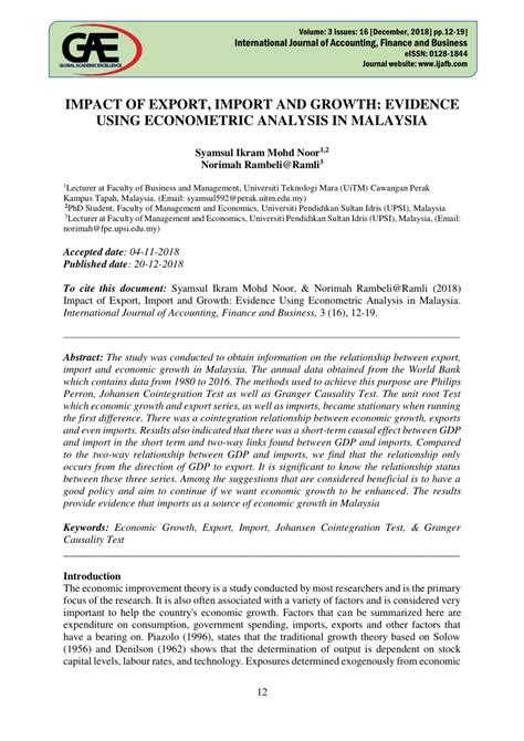PDF IMPACT OF EXPORT IMPORT AND GROWTH EVIDENCE USING ECONOMETRIC ANALYSIS IN MALAYSIA