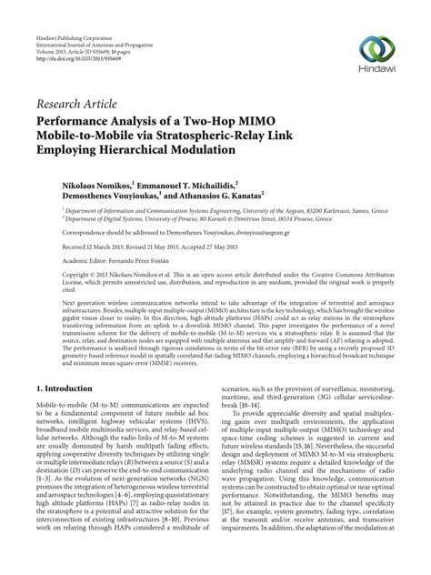 Pdf Performance Analysis Of A Two Hop Mimo Mobile To Mobile Via Stratospheric Relay Link