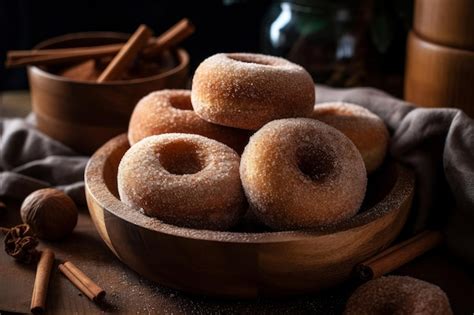 Premium Photo A Bowl Of Cinnamon Donuts With Cinnamon Sticks In It