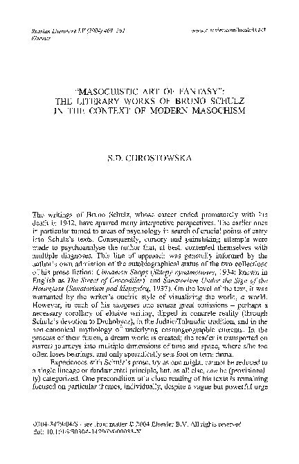 Pdf Masochistic Art Of Fantasy The Literary Works Of Bruno Schulz