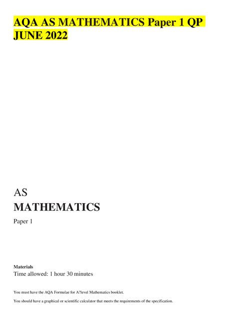 Aqa As Mathematics Paper 1 Qp June 2022 Scholarfriends