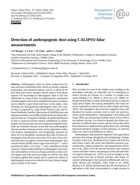 Pdf Detection Of Anthropogenic Dust Using Calipso Lidar · Atmos