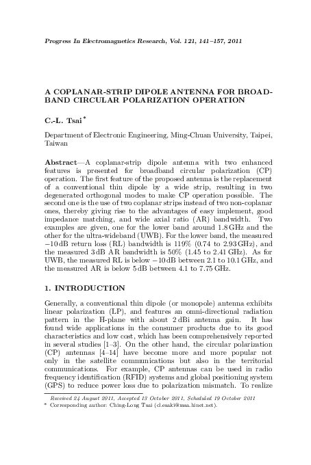 Pdf A Coplanar Strip Dipole Antenna For Broad Band Circular Polarization Operation
