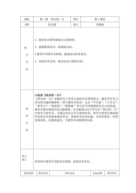人音版 音乐一年级上册快乐的一天 第一课时（教案）（表格式） 21世纪教育网