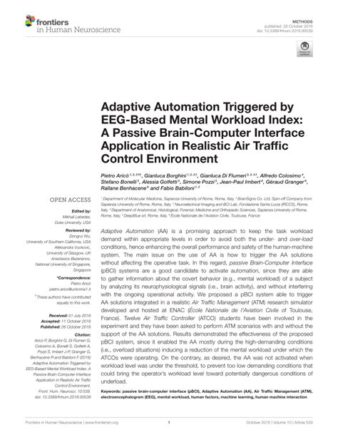 Pdf Adaptive Automation Triggered By Eeg Based Mental Workload Index A Passive Brain Computer