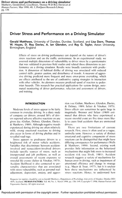 Pdf Driver Stress And Performance On A Driving Simulator