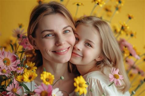 мать и дочь позируют для фото с желтым фоном Премиум Фото