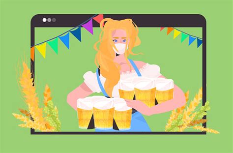 맥주 머그잔을 들고 마스크를 쓴 여성 옥토버페스트 파티 페스티벌 축하 자체 격리 코로나바이러스 전염병 개념 10월에 대한 스톡 벡터 아트 및 기타 이미지 Istock