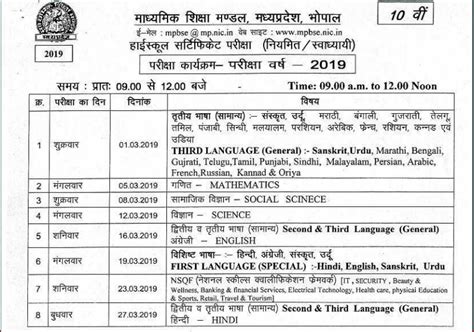 MP Board Class 10th Time Table 2020 MP Exam Date Admissions