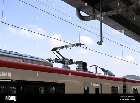 Electric Rod Pantograph Of An Electric Train Connecting The Train To
