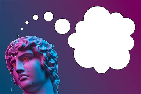 팝 아트 스타일로 울고 있는 인간의 조각과 콜라주 동상 머리와 만화 거품 창조적 인 개념 이미지 진 문화 현대 미술 포스터 만화