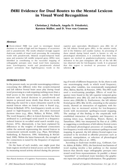 Pdf Fmri Evidence For Dual Routes To The Mental Lexicon In Visual Word Recognition