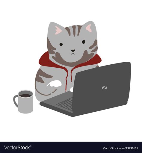 Funny Programmer Cat In Red Hoodie Working Vector Image