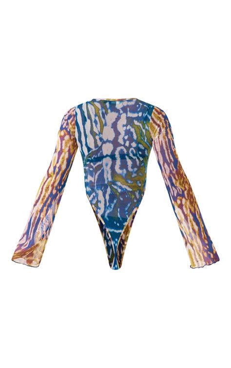 Blue Leopard Printed Mesh High Leg Bodysuit Prettylittlething
