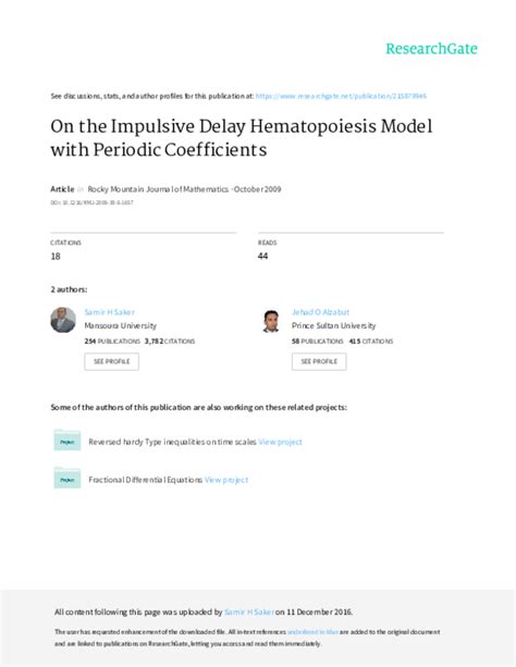 Pdf On The Impulsive Delay Hematopoiesis Model With Periodic Coefficients