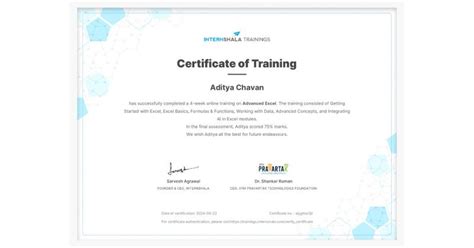 Aditya Chavan On Linkedin Successfully Completed The Advanced Excel Training From Internshala