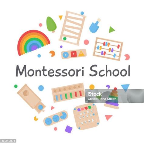 벡터 라운드 배너 어린이 나무 환경 친화적 인 논리 장난감과 유치원 아이들을위한 바쁜 보드 몬테소리 학교 또는 유치원 조기 개발 대체 교육을 위한 서클 몬테소리 교육에 대한