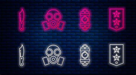 세트 라인 가스 마스크 폭발 다이너마이트 폭탄 스틱 및 타이머 시계 군용 칼 및 갈매기 모양 벽돌 벽에 빛나는 네온 아이콘입니다 벡터 갈매기표 수장에 대한 스톡 벡터 아트