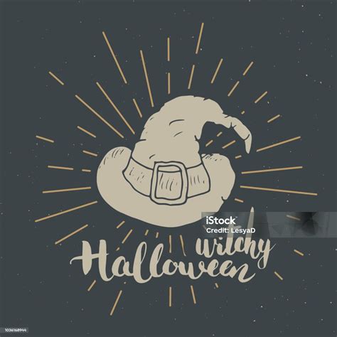 할로윈 인사말 카드 빈티지 라벨 손으로 그린된 스케치 마녀 모자 그런 지 질감된 복고풍 배지 인쇄 술 디자인 T셔츠 인쇄 벡터 일러스트 10월에 대한 스톡 벡터 아트 및