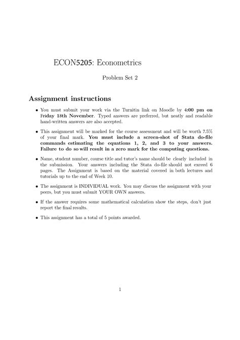 Assignment Problem ECON Econometrics Problem Set Assignment Instructions Studocu