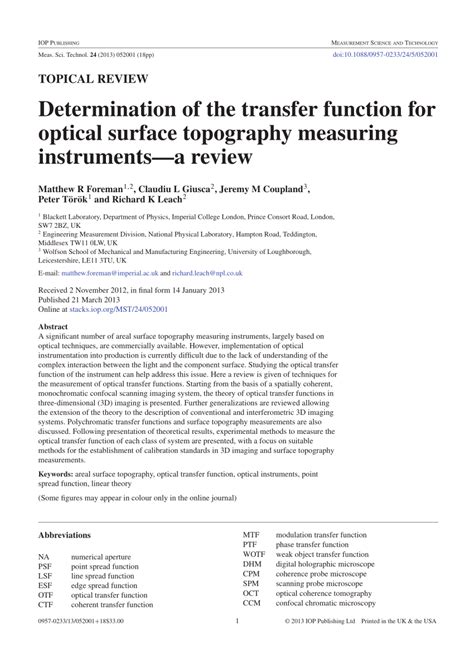 Pdf Determination Of The Transfer Function For Optical Surface Topography Measuring