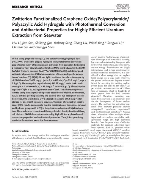 Zwitterion Functionalized Graphene Oxidepolyacrylamidepolyacrylic Acid Hydrogels With