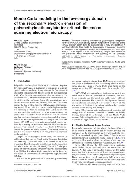 Pdf Monte Carlo Modeling In The Low Energy Domain Of The Secondary Electron Emission Of