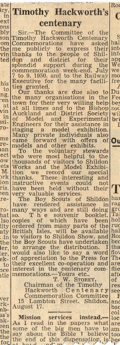 The Joan Hackworth Weir Collection Timothy Hackworth Celebrations 1950