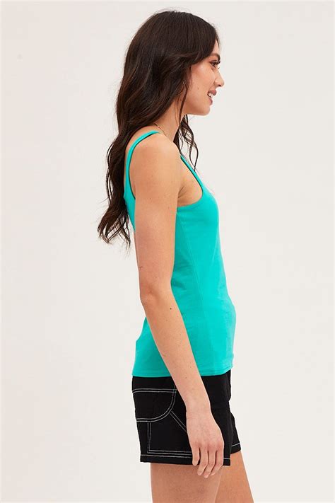 Womens Green Square Neck Basic Tank Top Cotton Span Ally Fashion
