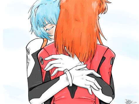 Jwrry01 Ayanami Rei Souryuu Asuka Langley Neon Genesis Evangelion Highres Blue Hair Blush