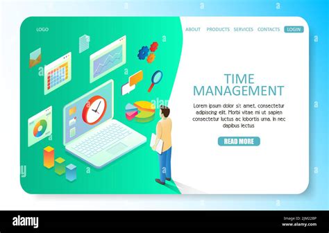Time Management Landing Page Website Template Vector Isometric Laptop With Clock Graphs And