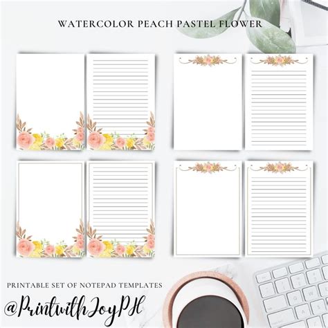 Printable Notepad Template Set Watercolor Peach Pastel Flower Floral Series JPEG And PDF