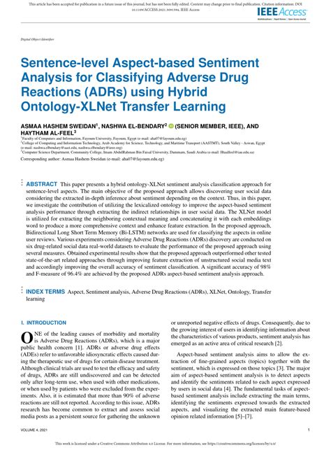 Pdf Sentence Level Aspect Based Sentiment Analysis For Classifying Adverse Drug Reactions