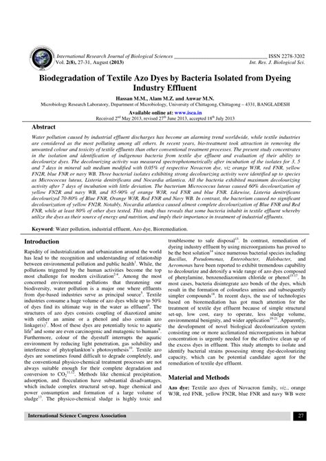 Pdf Biodegradation Of Textile Azo Dyes By Bacteria Isolated From Dyeing Industry Effluent