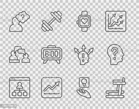 세트 라인 온라인 교육 러닝 머신 스마트 시계 금융 성장 증가 물음표 디지털 알람 시계 전구 및 아이콘이있는 헤드 벡터 검은색에 대한 스톡 벡터 아트 및 기타 이미지