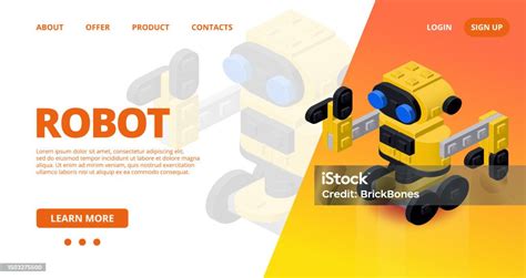 인쇄 및 디자인을 위해 등각 투영 스타일의 플라스틱 블록으로 조립된 노란색 로봇이 있는 웹 템플릿입니다 벡터 그림입니다 0명에 대한 스톡 벡터 아트 및 기타 이미지 Istock