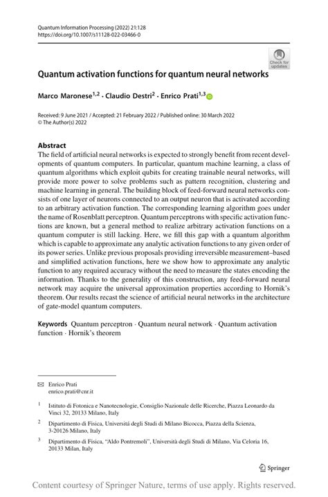 Pdf Quantum Activation Functions For Quantum Neural Networks