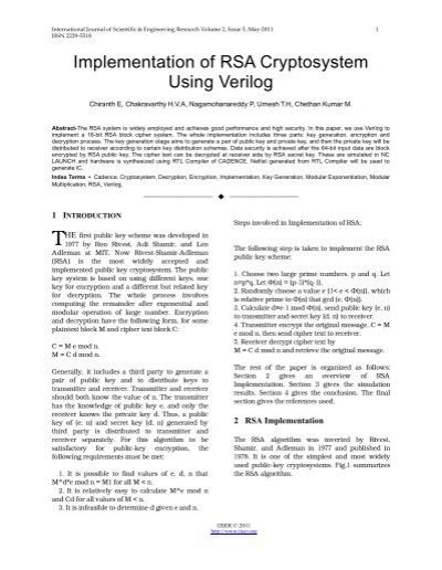 Implementation Of Rsa Cryptosystem Using Verilog International