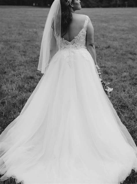 A Line Illusion Neckline Tulle Plus Size Bridal Dress