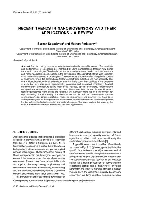 Pdf Recent Trends In Nanobiosensors And Their Applications A Review