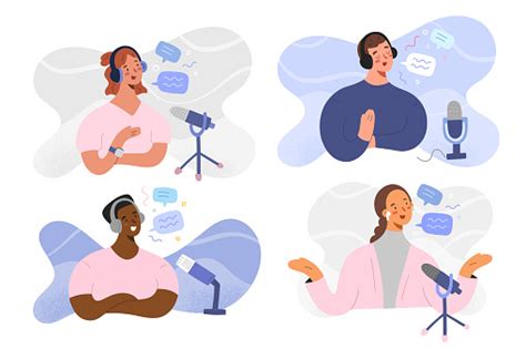 팟 캐스트 호스트 사람들 여성과 남자 캐릭터 녹음 라디오 프로그램 작업 공간에서 방송 고립 된 벡터 일러스트 레이션 평면 만화 헤드폰 마이크와 콘텐츠를 만드는 블로거 팟
