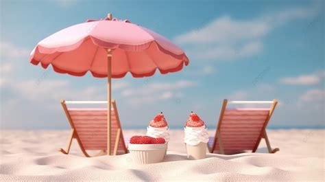녹은 딸기 아이스크림 복사 공간 옆에 청량음료를 곁들인 우산 해변 의자 아래에서 휴식을 취하는 3d 그림 여름 재미 여름 방학 여름 휴가 배경 일러스트 및 사진 무료