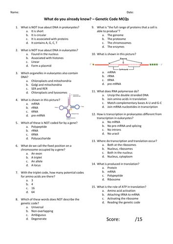 Genetic Code Previous Knowledge Mcq 15 Questions Teaching Resources