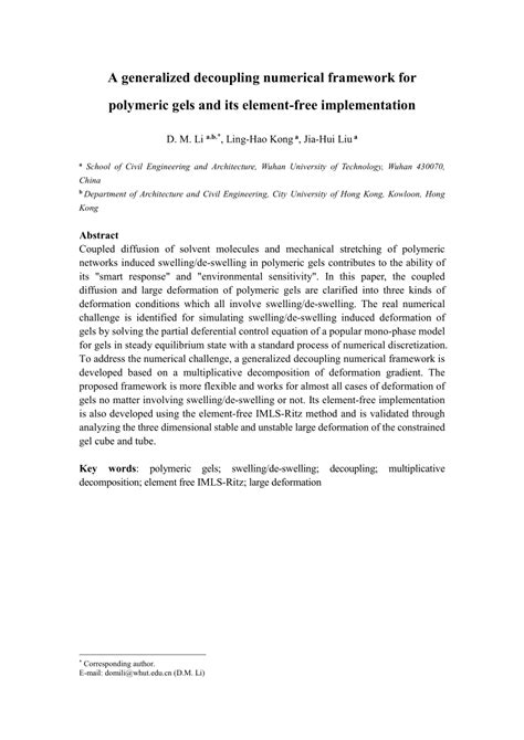 Pdf A Generalized Decoupling Numerical Framework For Polymeric Gels