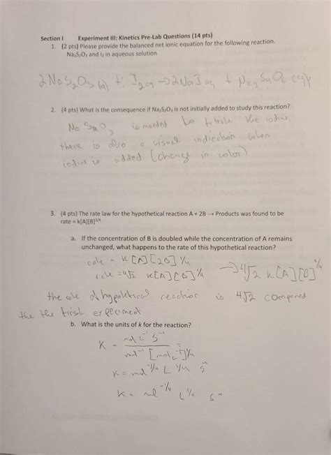 solved section 1 experiment ill kinetics pre lab questions