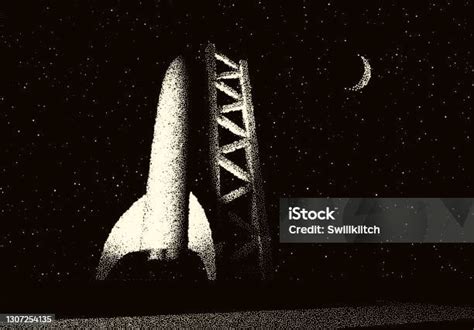 우주 로켓발사 현장에서 시작할 준비가 되어 있습니다 복고풍 도트워크 스타일의 우주선 이륙 카운트다운 일러스트레이션 복고풍에 대한 스톡 벡터 아트 및 기타 이미지 Istock