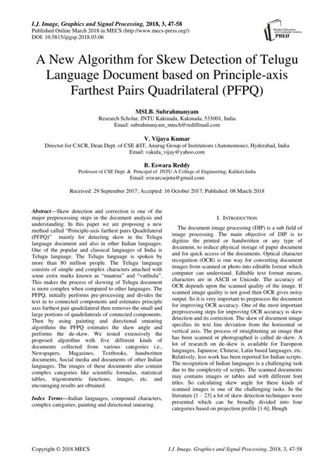 pdf a new algorithm for skew detection of telugu language document based on principle axis